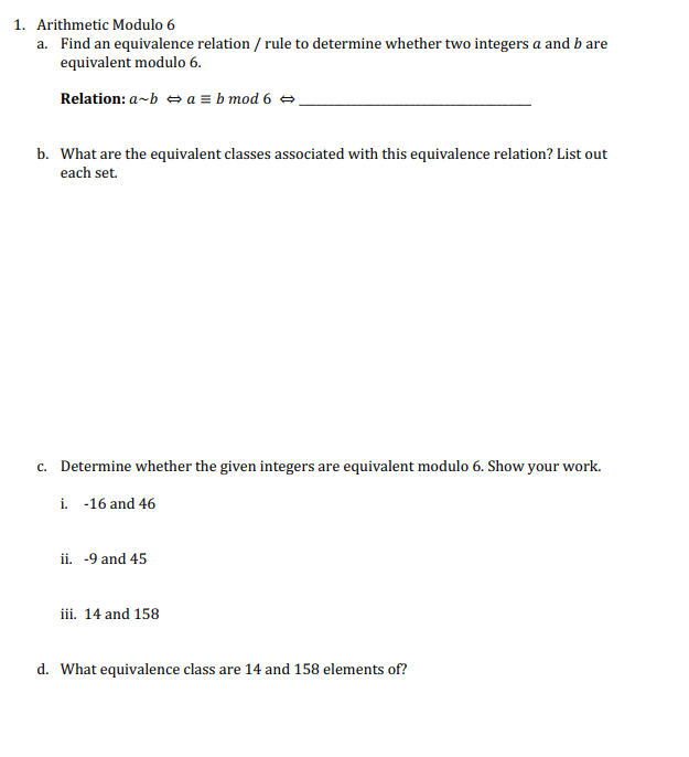 Solved 1. Arithmetic Modulo 6 a. Find an equivalence | Chegg.com