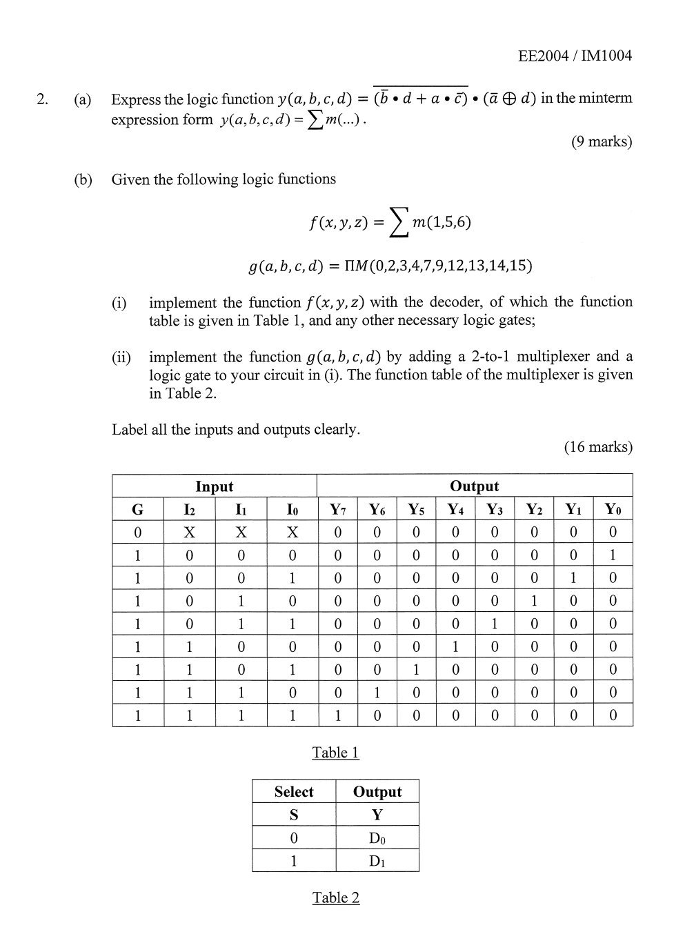 Solved EE2004 / IM1004 2. (a) Express the logic function | Chegg.com