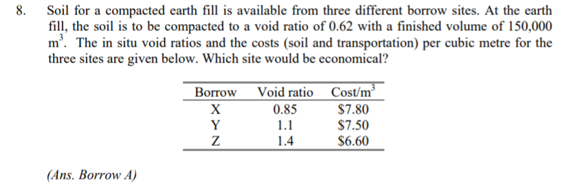 Solved 8. Soil for a compacted earth fill is available from | Chegg.com