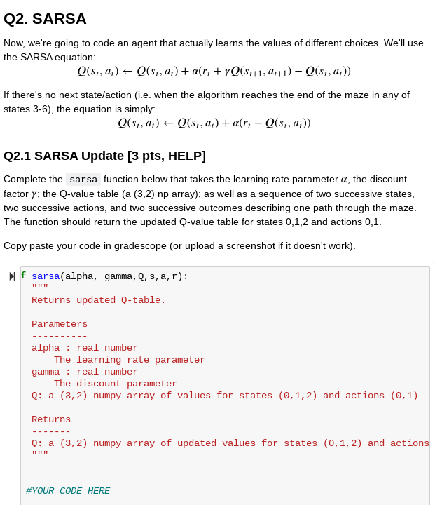 Q2. SARSA Now, we're going to code an agent that | Chegg.com