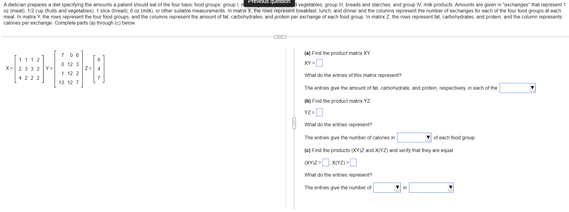Solved Previous question A dietician prepares a diet | Chegg.com