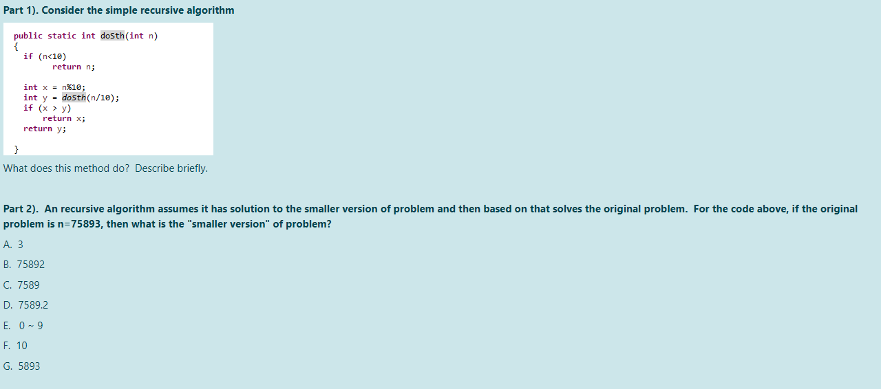 Solved Part 1). Consider the simple recursive algorithm | Chegg.com