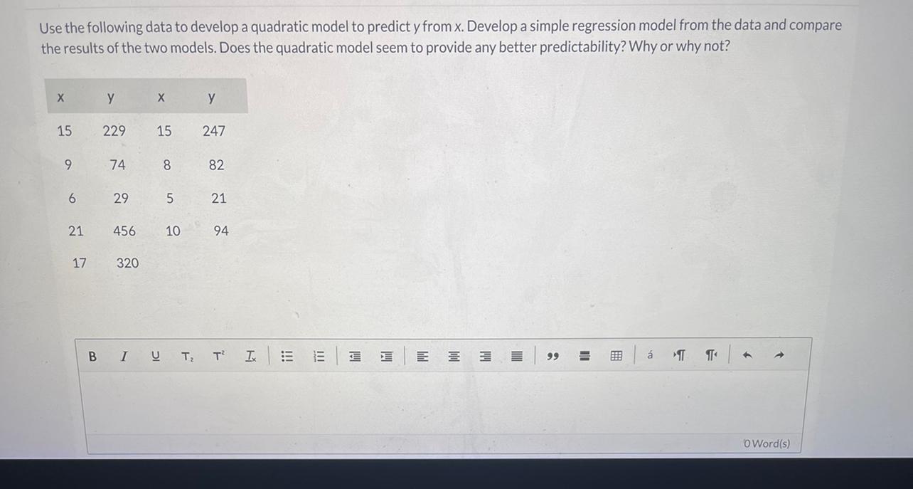 Solved Use the following data to develop a quadratic model | Chegg.com