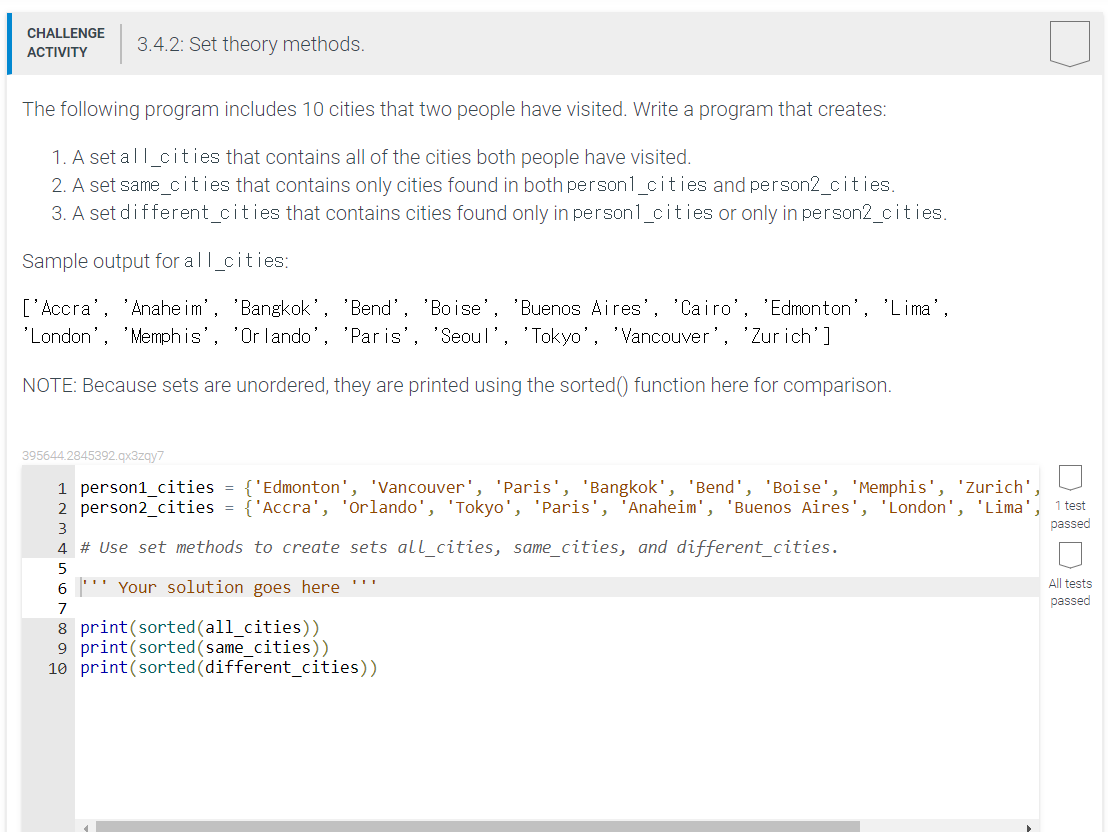 Solved \begin{tabular}{l|l} CHALLENGE ACTIVITY & 3.4.2: Set | Chegg.com
