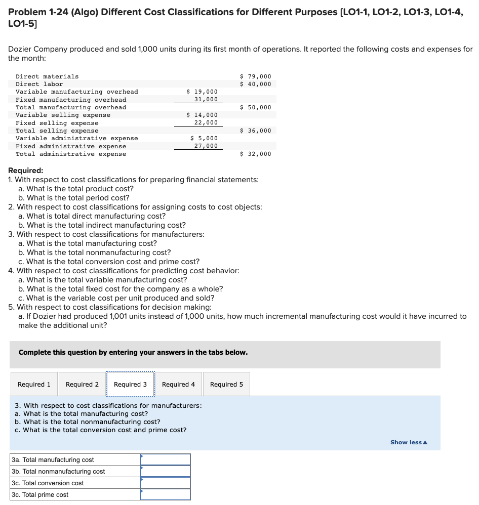 Solved Problem 1-24 (Algo) Different Cost Classifications | Chegg.com