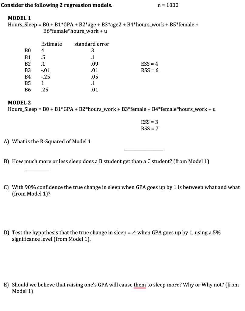 Solved Consider the following 2 regression models. n=1000 | Chegg.com