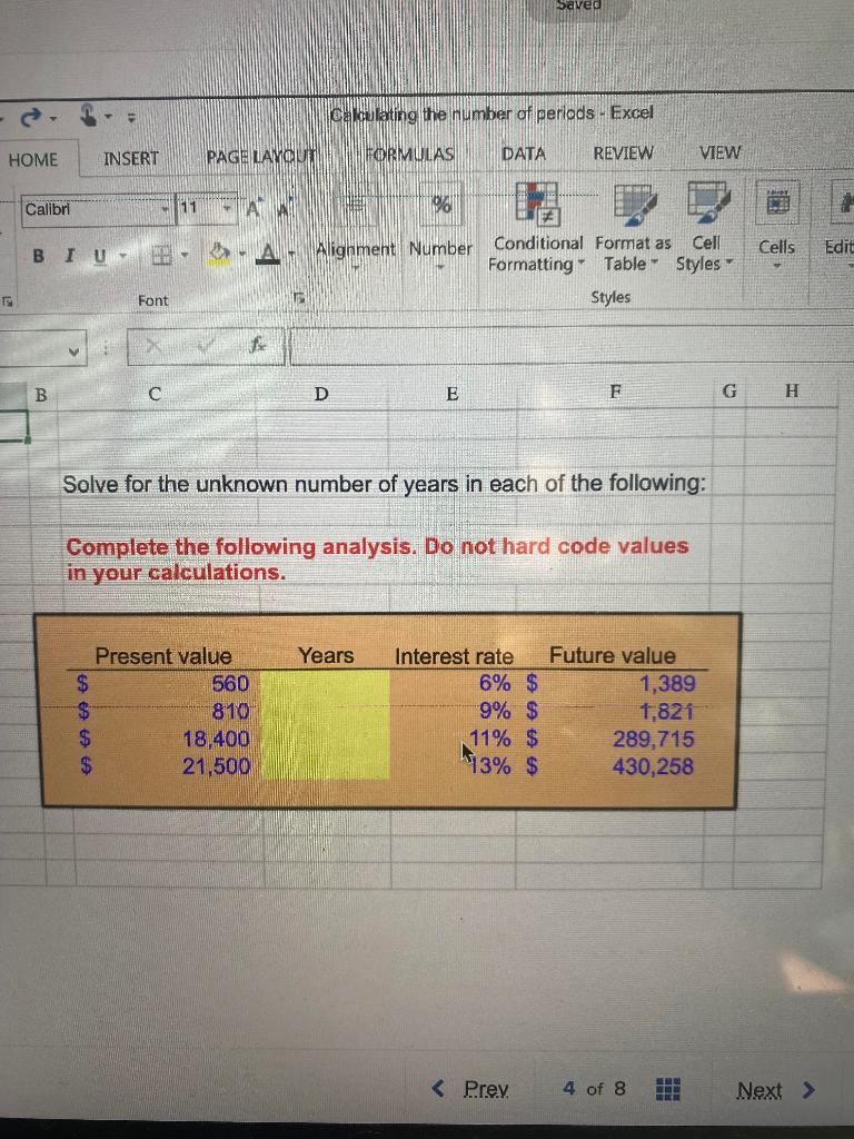 Solved saved Calculating the number of periods - Excel HOME | Chegg.com