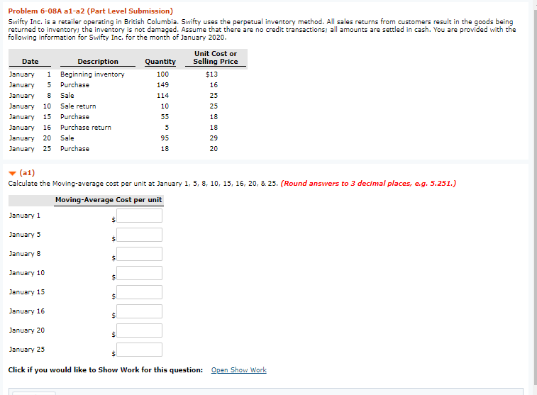 Solved Problem 6-08A a1-a2 (Part Level Submission) Swifty | Chegg.com