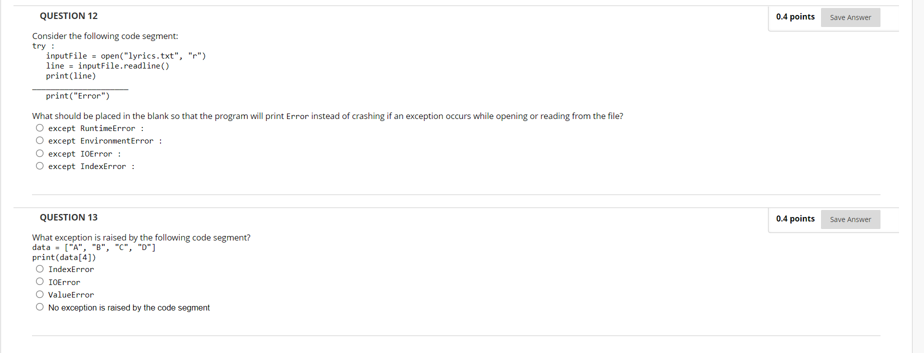 Solved QUESTION 12 0.4 points Save Answer Consider the | Chegg.com