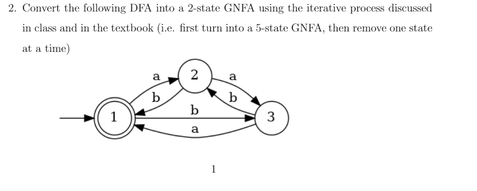 Solved 2. Convert the following DFA into a 2-state GNFA | Chegg.com