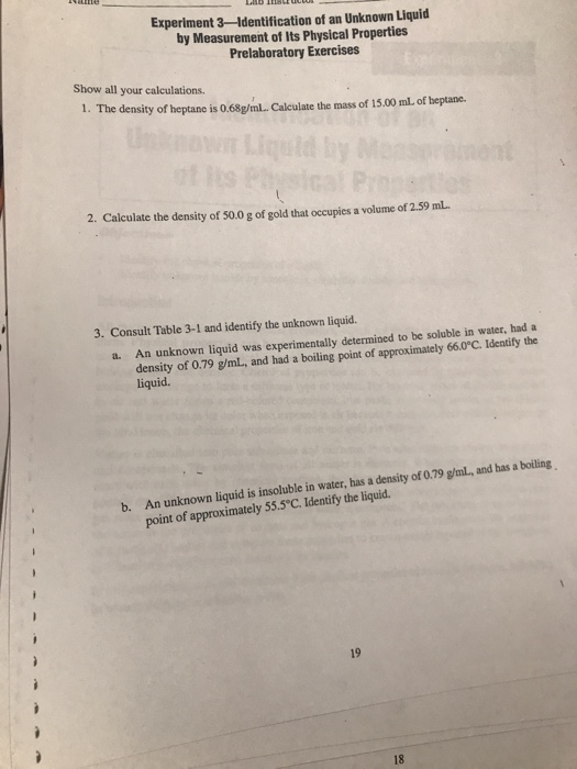 Solved Experiment 3-Identification of an Unknown Liquid by | Chegg.com