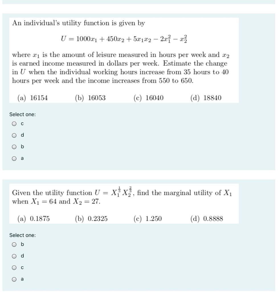 Solved An individual's utility function is given by U = | Chegg.com