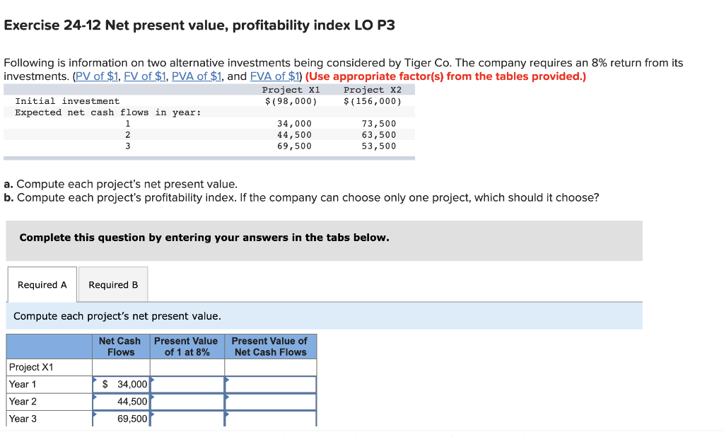 Solved Exercise 24-12 Net present value, profitability index | Chegg.com