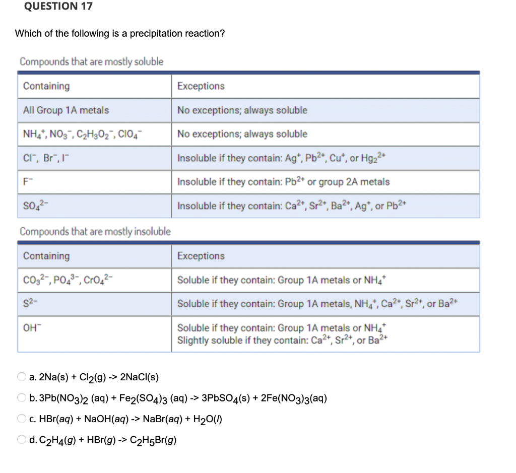 Solved Which of the following is a precipitation reaction? | Chegg.com