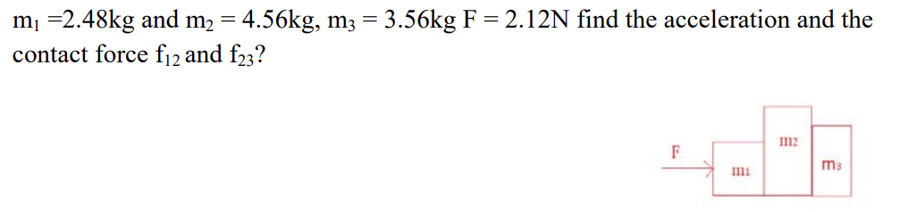 Solved m1=2.48kg ﻿and m2=4.56kg,m3=3.56kgF=2.12N ﻿find the | Chegg.com