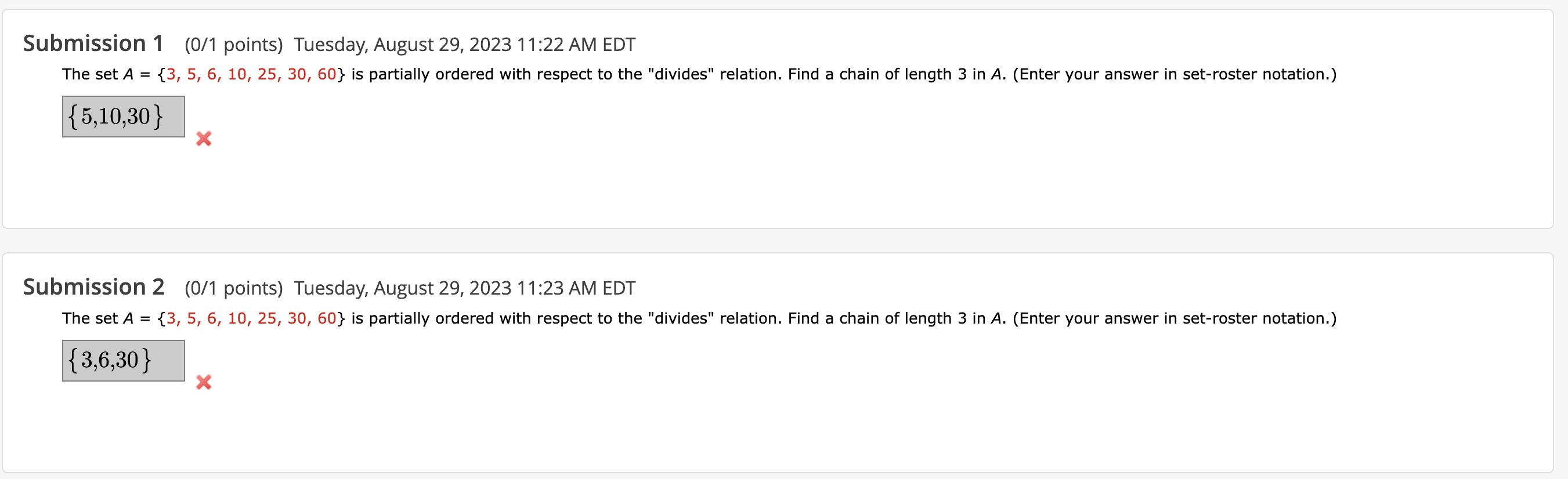 Solved Submission 1 (0/1 points) Tuesday, August 29, 2023 | Chegg.com