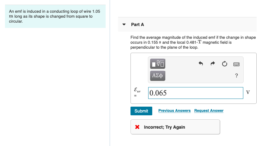 Solved An emf is induced in a conducting loop of wire 1.05 m | Chegg.com
