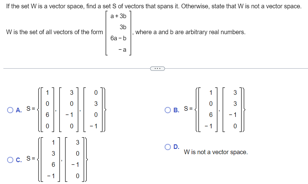 Solved If the set W is a vector space, find a set S of | Chegg.com