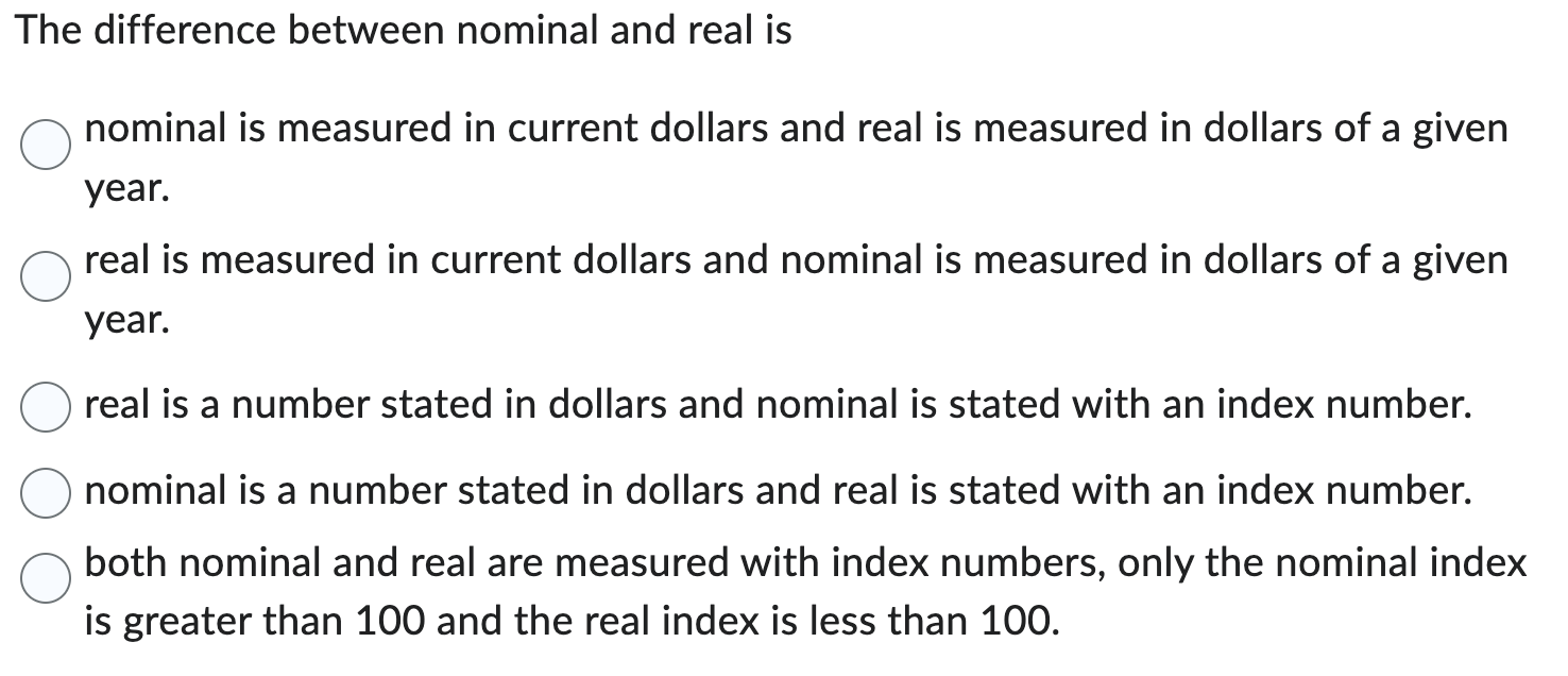 Solved The difference between nominal and real is nominal is | Chegg.com