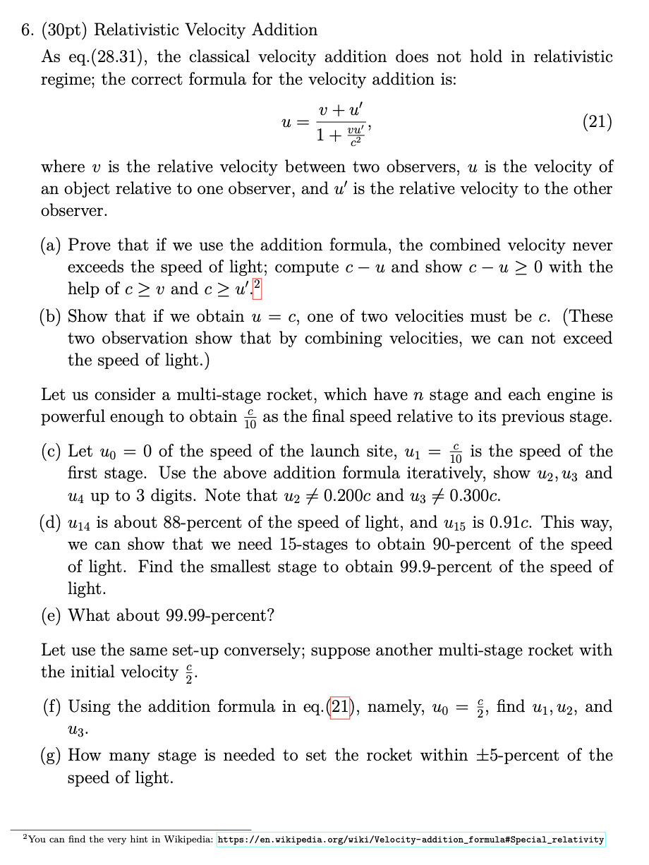 Solved 6. (30pt) Relativistic Velocity Addition As | Chegg.com