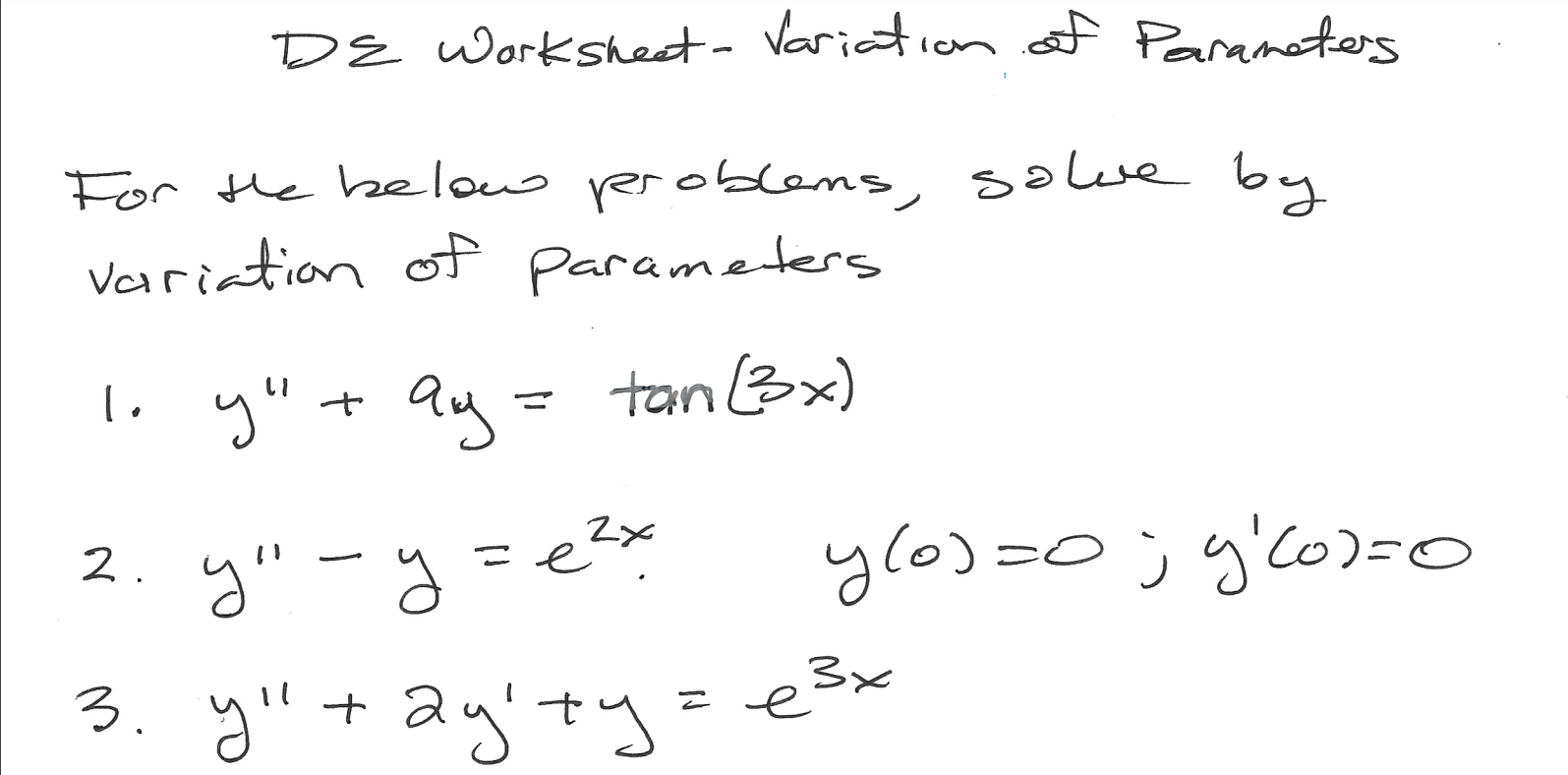 Solved DE Worksheet - Variation of Parameters For the below | Chegg.com