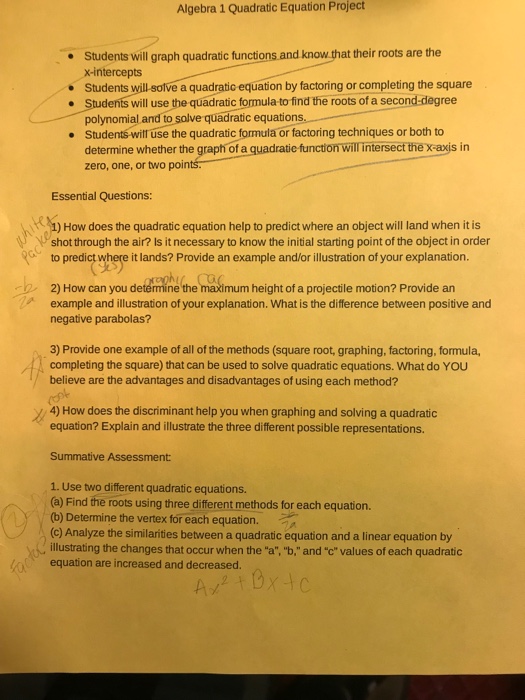 Algebra 1 Quadratic Equations Project - Tessshebaylo