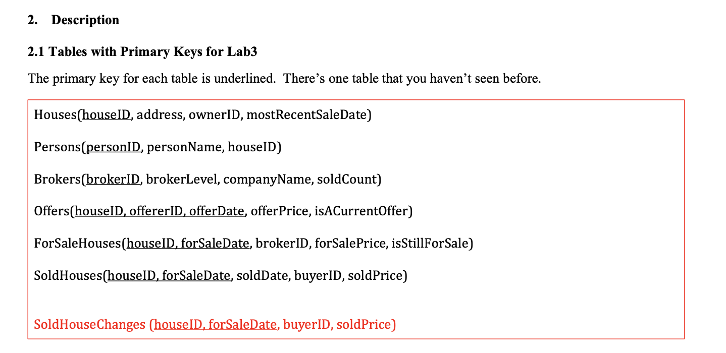 Solved 2. Description 2.1 Tables with Primary Keys for Lab3 | Chegg.com
