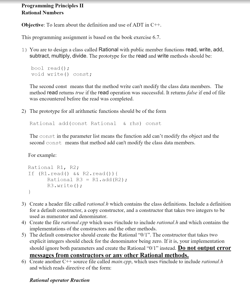 Solved Programming Principles II Rational Numbers Objective: | Chegg.com