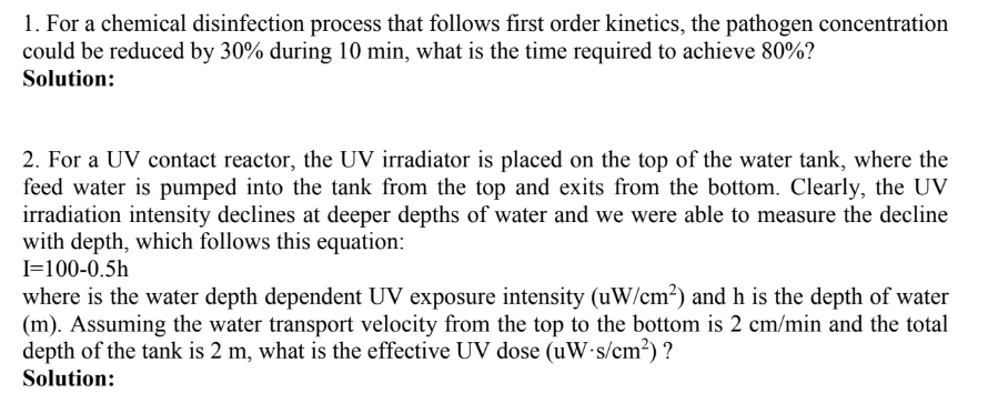Solved 1. For a chemical disinfection process that follows | Chegg.com