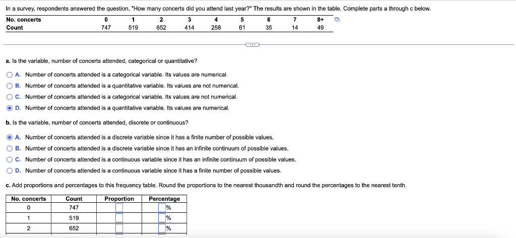 Solved a. Is the variable, number of concerts attended, | Chegg.com
