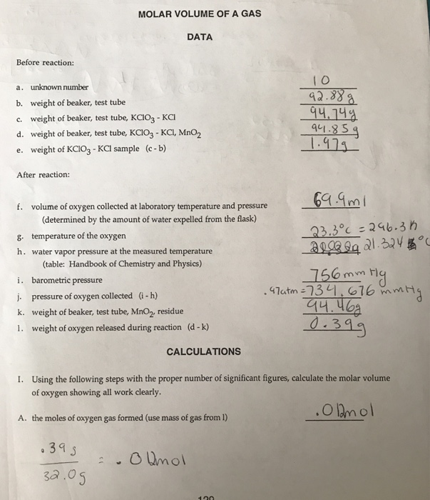Solved MOLAR VOLUME OF A GAS DATA Before reaction: I O a. | Chegg.com