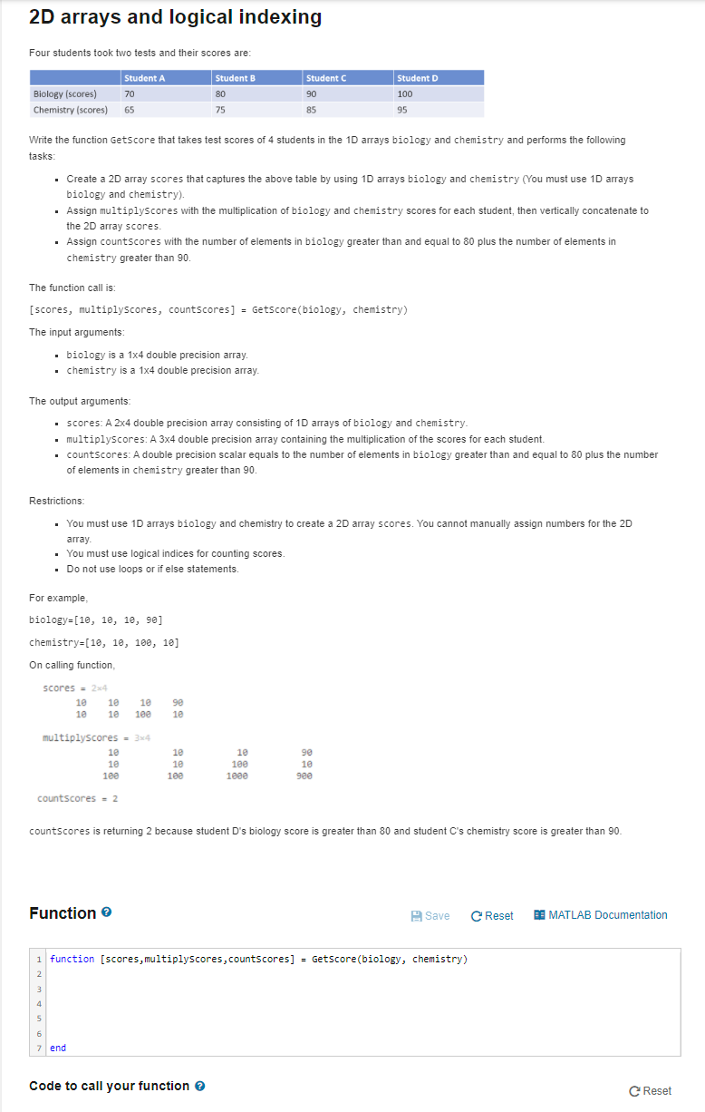 2D arrays and logical indexing Four students took two | Chegg.com