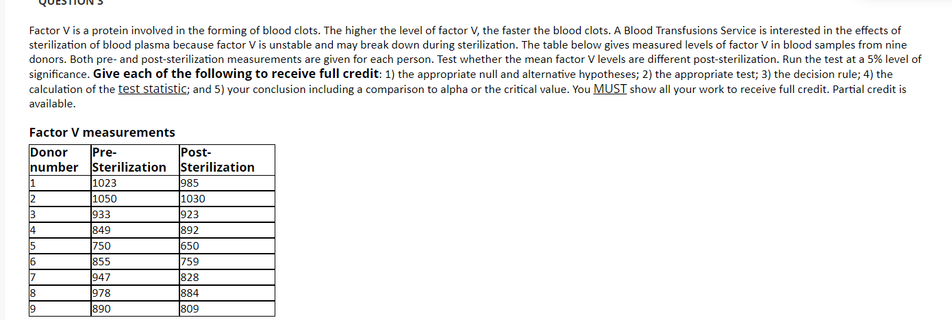 Solved QUESTIUN 3 Factor V is a protein involved in the | Chegg.com