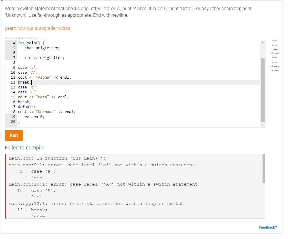 Solved Write a switch statement that checks origLetter. If | Chegg.com