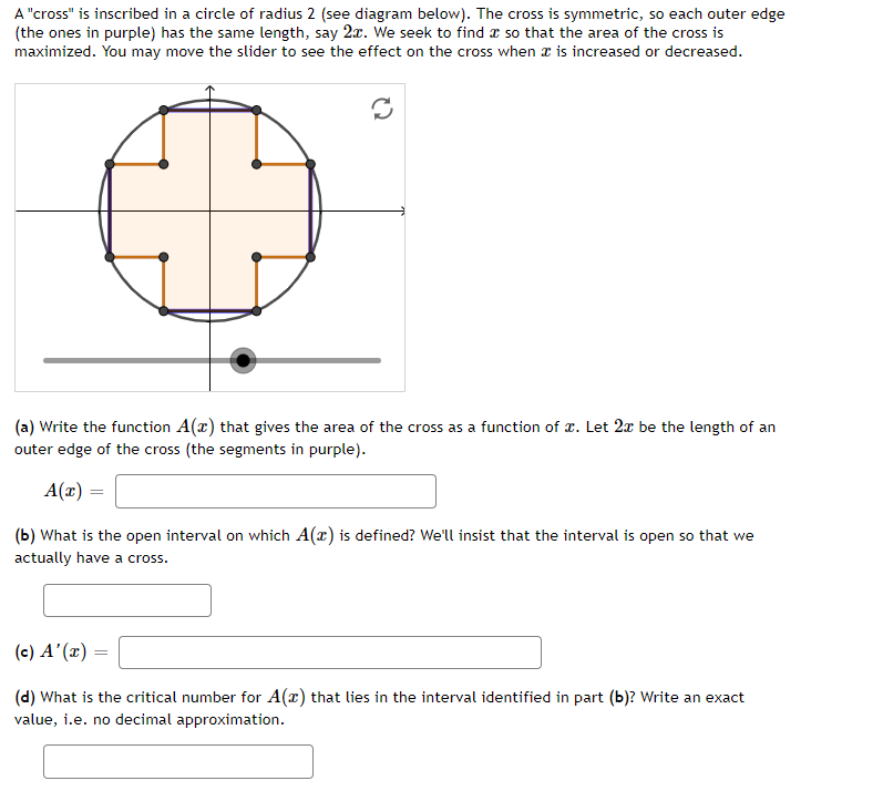 Solved A "cross" is inscribed in a circle of radius 2 (see | Chegg.com
