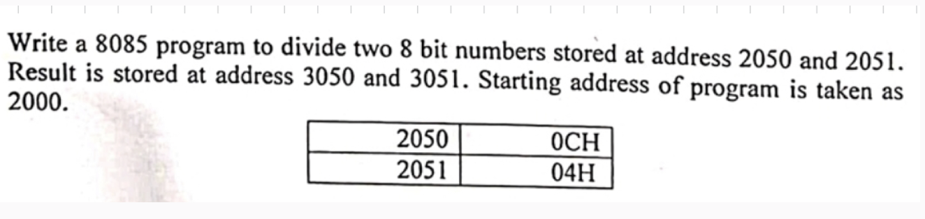 [Solved]: Write a 8085 program to divide two 8 bit numbers s