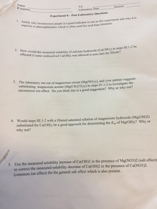 Solved Name number. Section TA. Laboratory Date Experiment 8 | Chegg.com