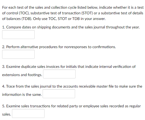 Solved For each test of the sales and collection cycle | Chegg.com