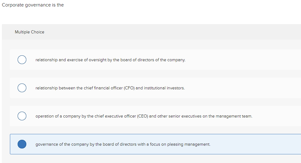 Solved Corporate governance is the Multiple Choice | Chegg.com