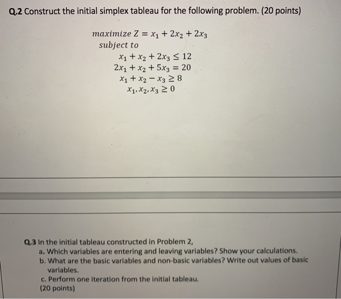 Solved Q.2 Construct the initial simplex tableau for the | Chegg.com