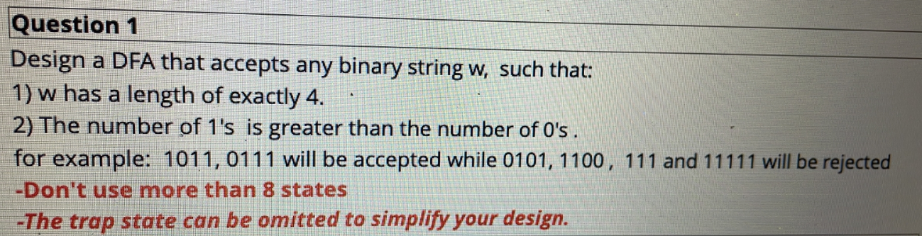 Solved Design a DFA that accepts any binary string w, such | Chegg.com