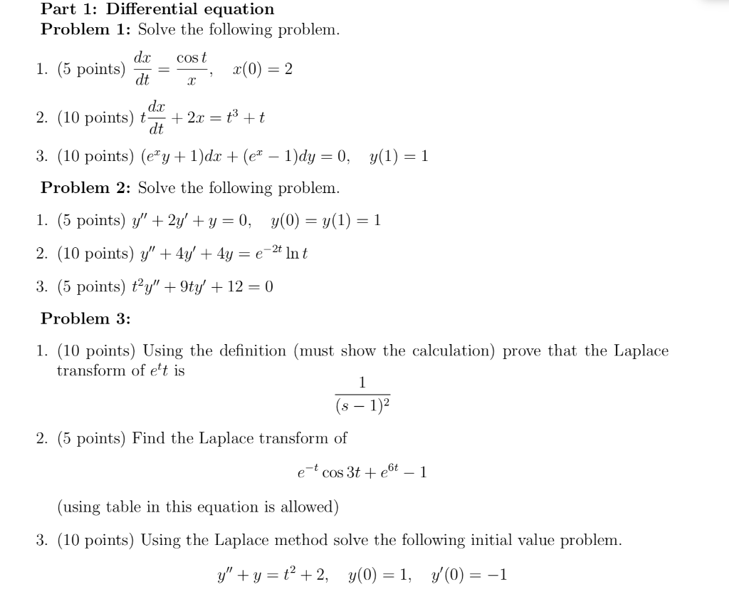 Solved Part 1: Differential equation Problem 1: Solve the | Chegg.com