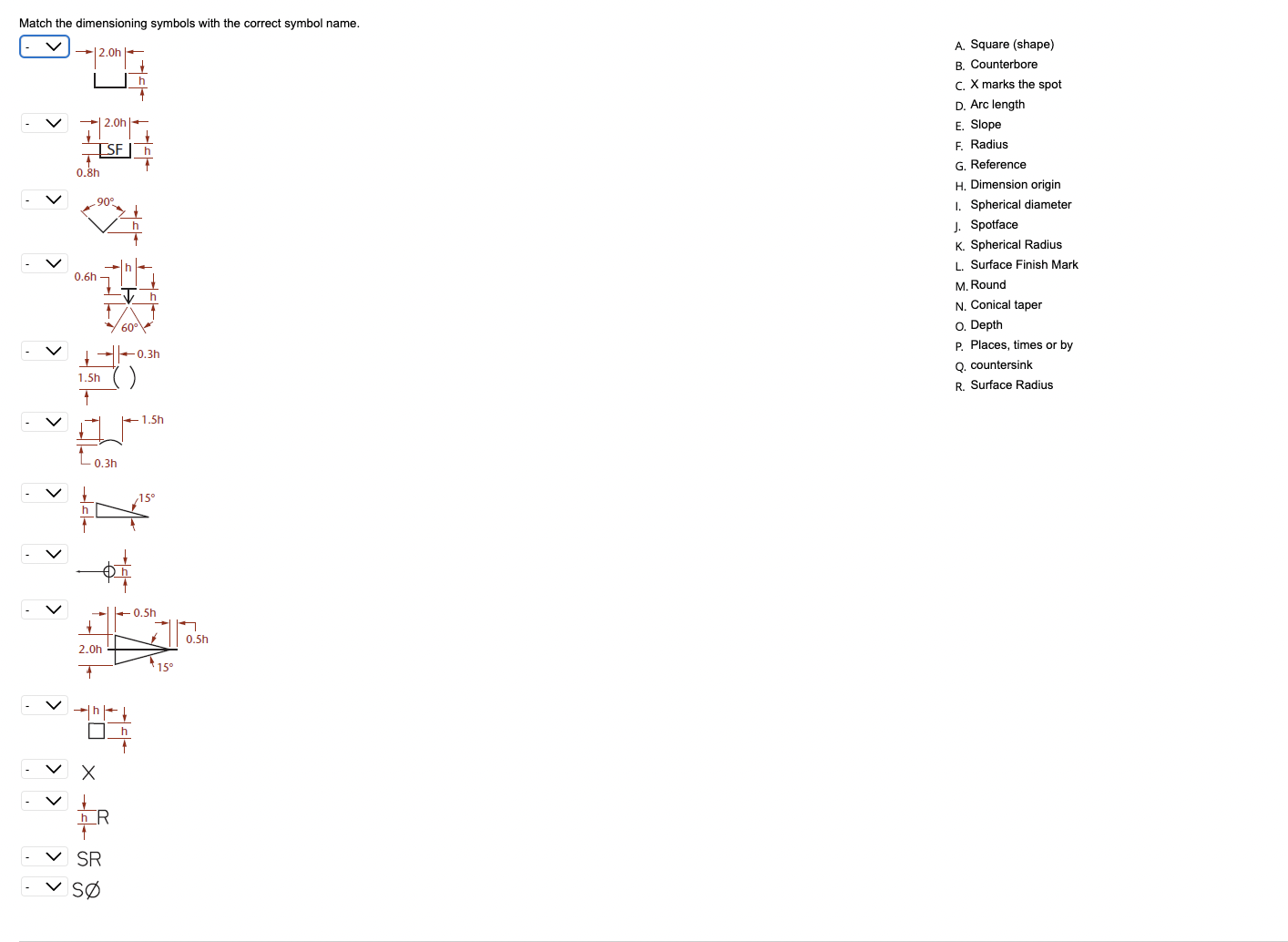 Solved Match the dimensioning symbols with the correct | Chegg.com