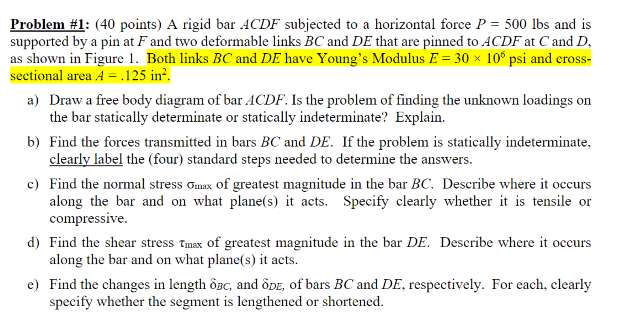 Solved Гigure 1Problem \#1: (40 points) A rigid bar ACDF | Chegg.com