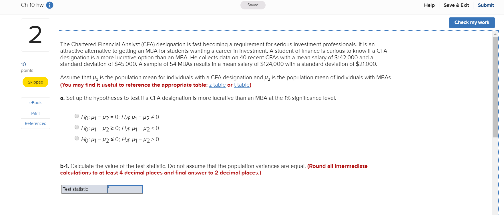 Solved Ch 10 hw A Saved Help Save & Exit Submit Check my | Chegg.com