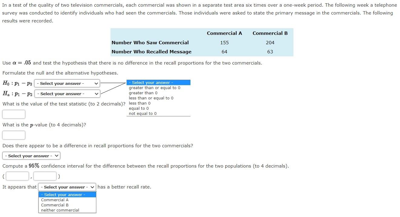 Solved In a test of the quality of two television | Chegg.com