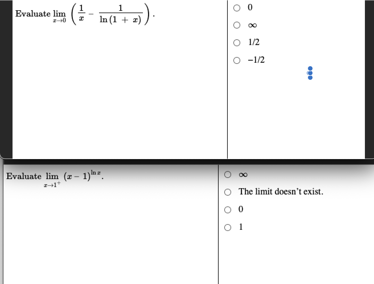 Solved Evaluate limx→0(x1−ln(1+x)1). 0 ∞ 1/2 −1/2 Evaluate | Chegg.com