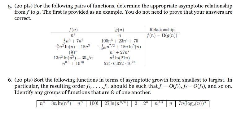 Solved 5. (20 pts) For the following pairs of functions, | Chegg.com