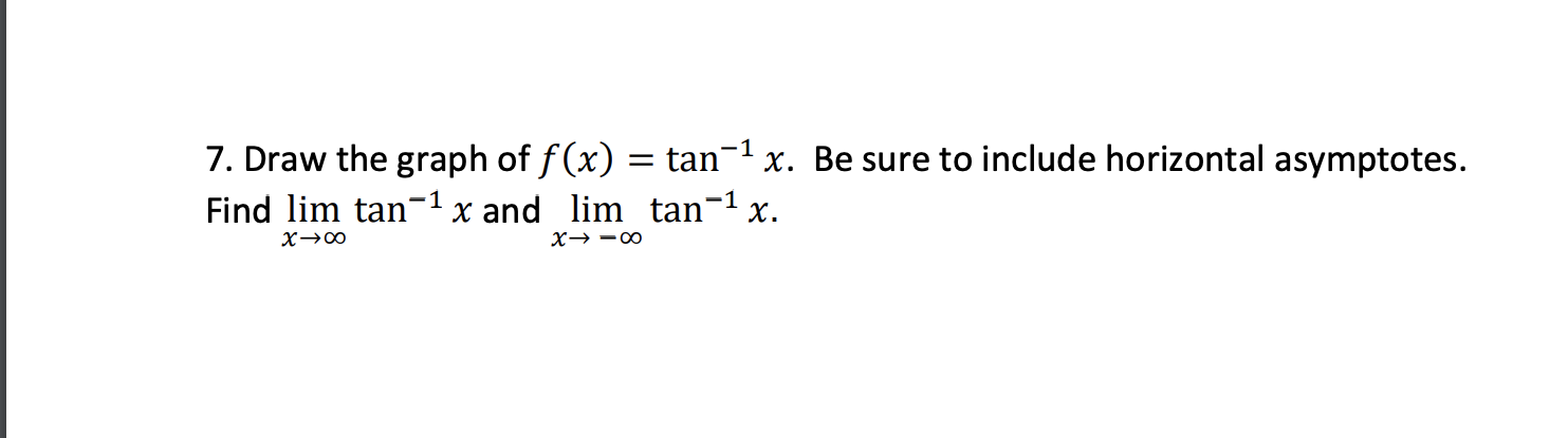 Solved 7. Draw the graph of f(x) = tan-1 x. Be sure to | Chegg.com