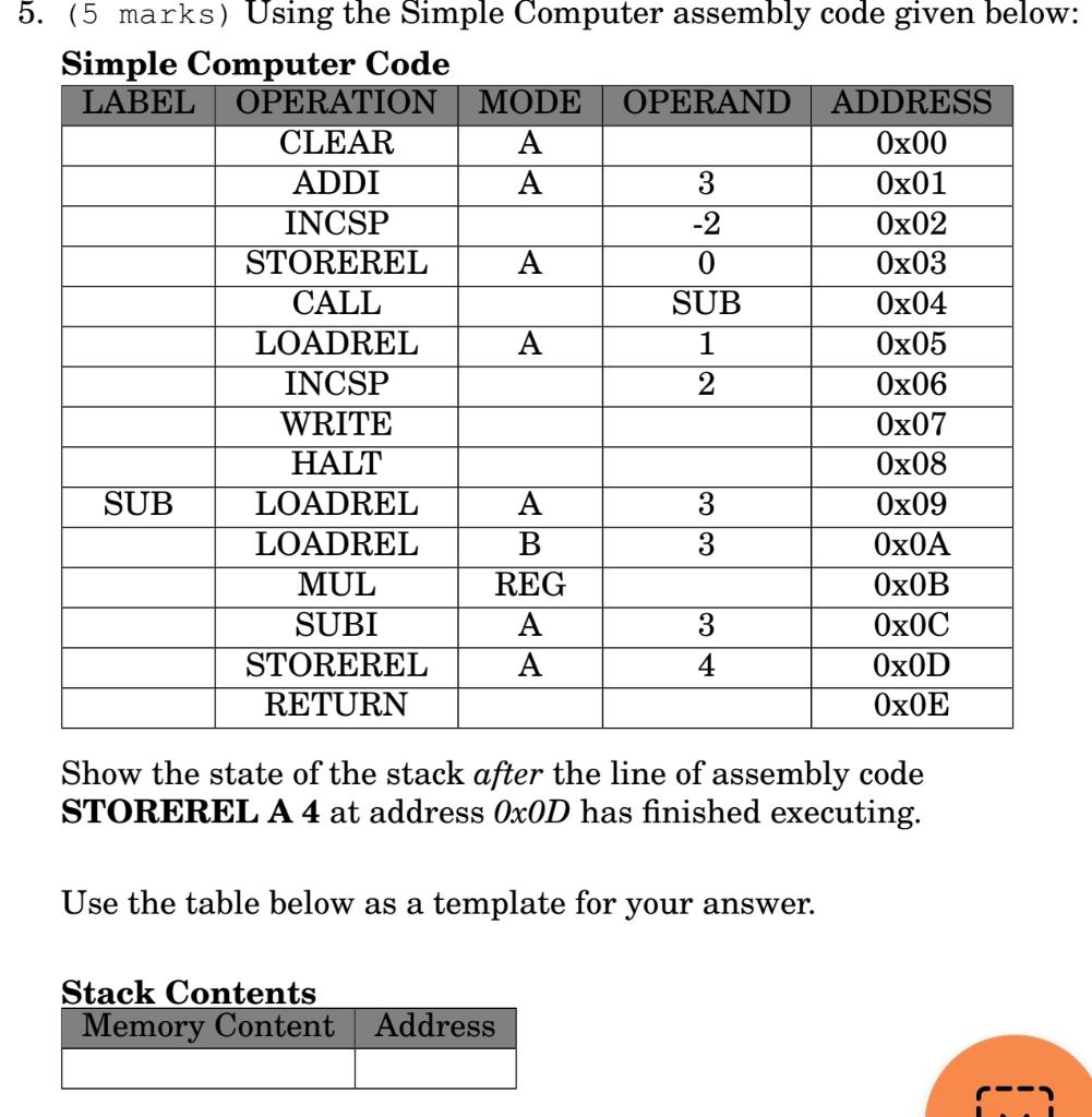 (5 marks) Using the Simple Computer assembly code | Chegg.com
